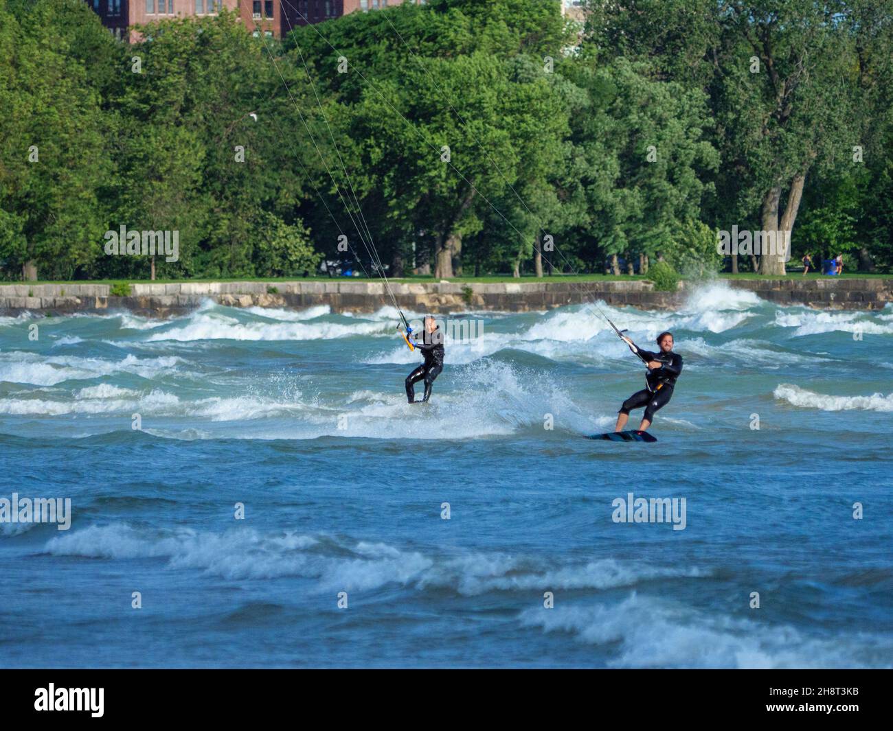 Kite surfers and surf. Montrose Beach, Chicago, Illinois Stock Photo ...