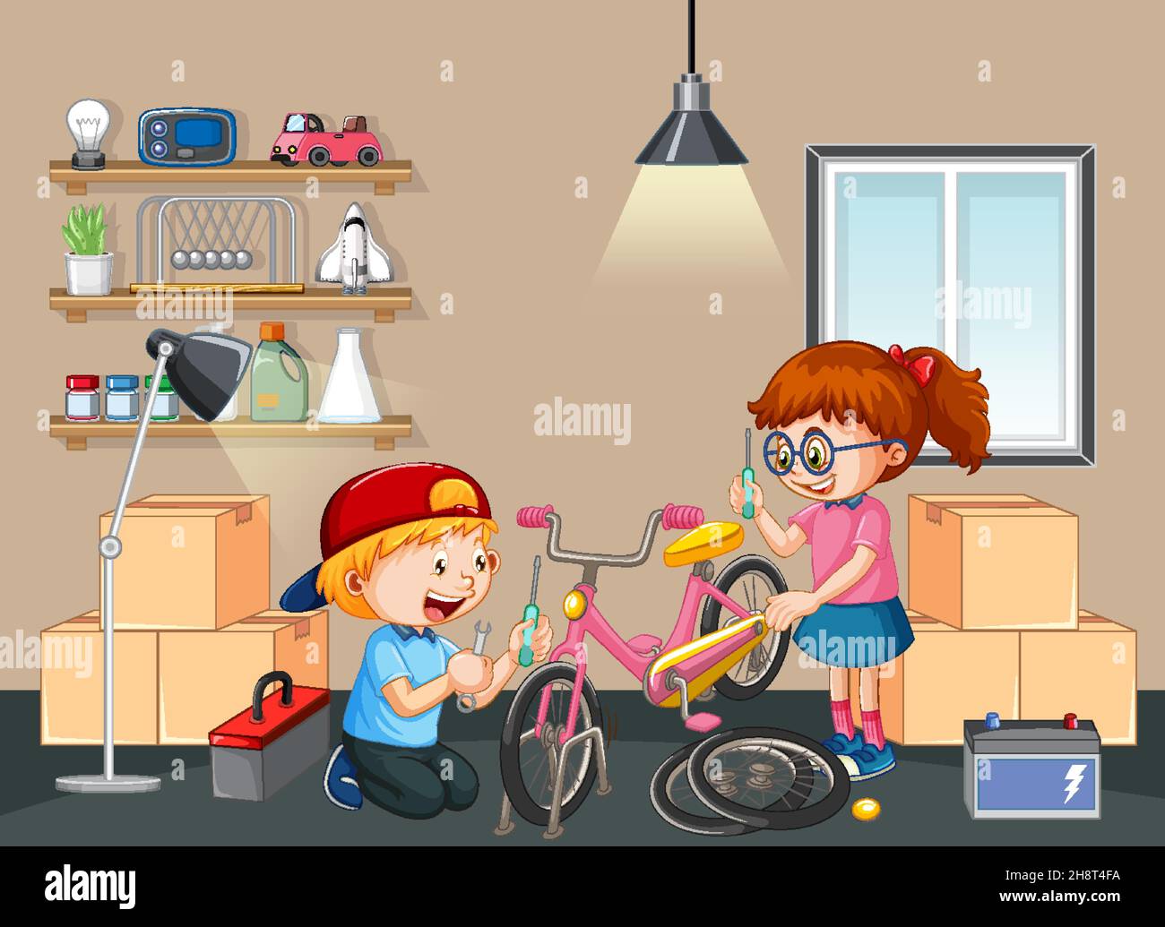 Children fixing a bicycle together in the room scene illustration Stock ...