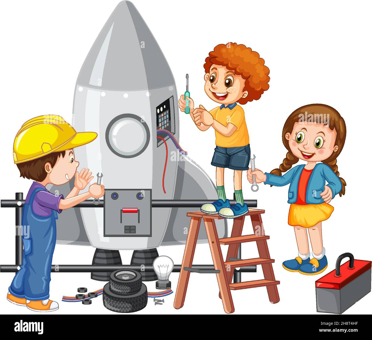 Children fixing a rocket together on white background illustration ...