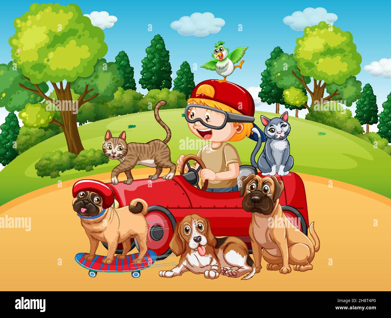 Playground scene with a boy playing with their dogs illustration Stock ...