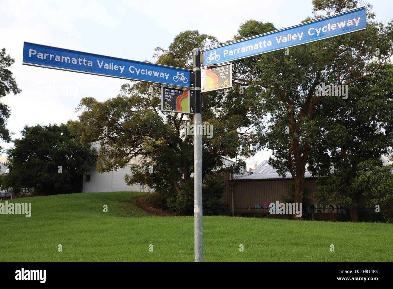 Sign posts indicating the Parramatta Valley Cycleway in Rydalmere Stock ...