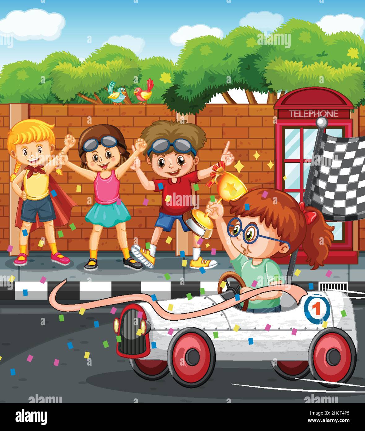 Outdoor scene with children racing car illustration Stock Vector Image ...