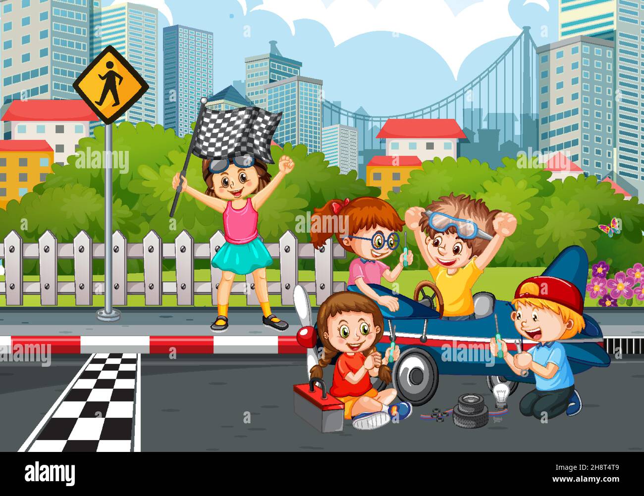 Outdoor scene with children racing car illustration Stock Vector Image ...