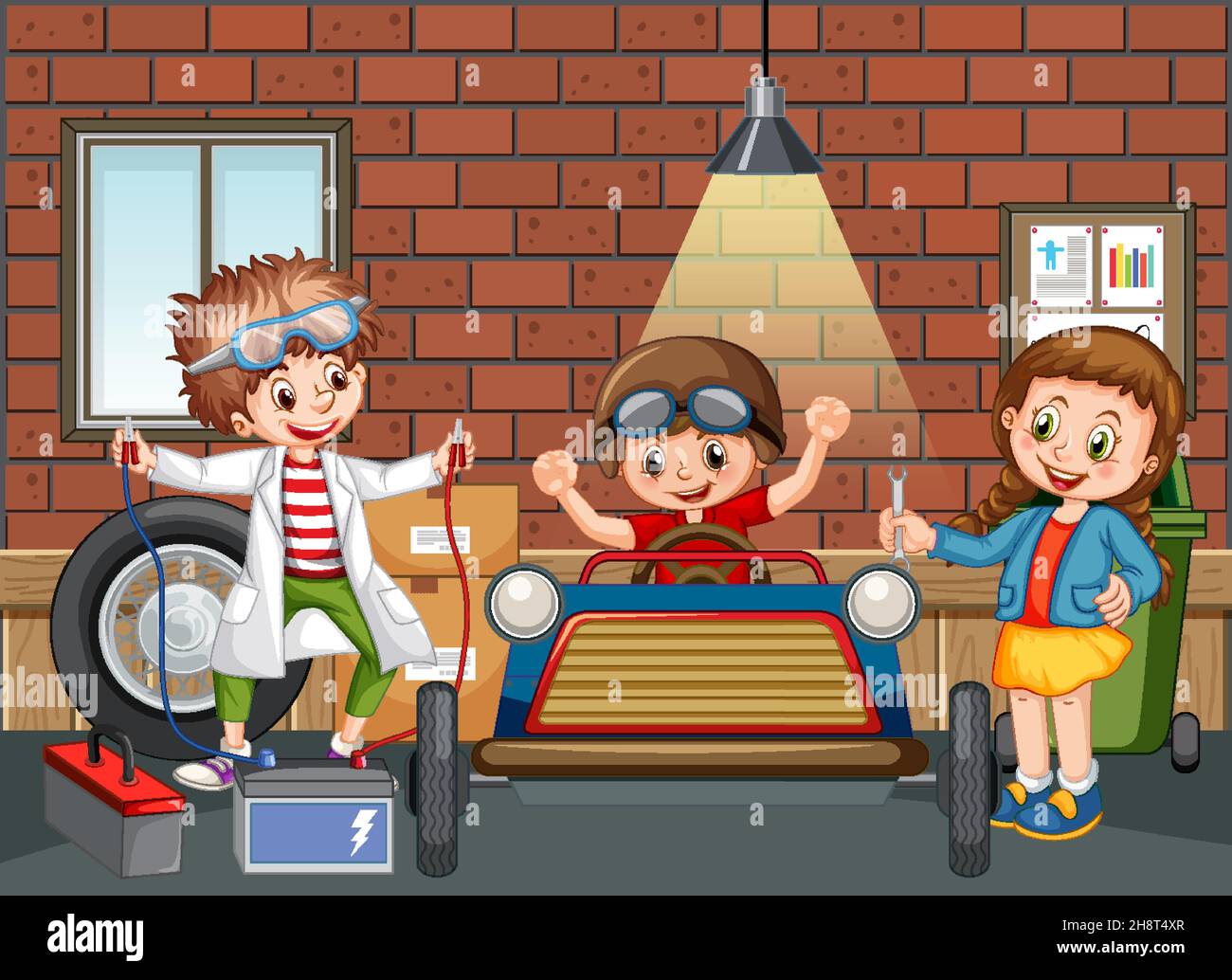 Garage scene with children fixing a car together illustration Stock ...
