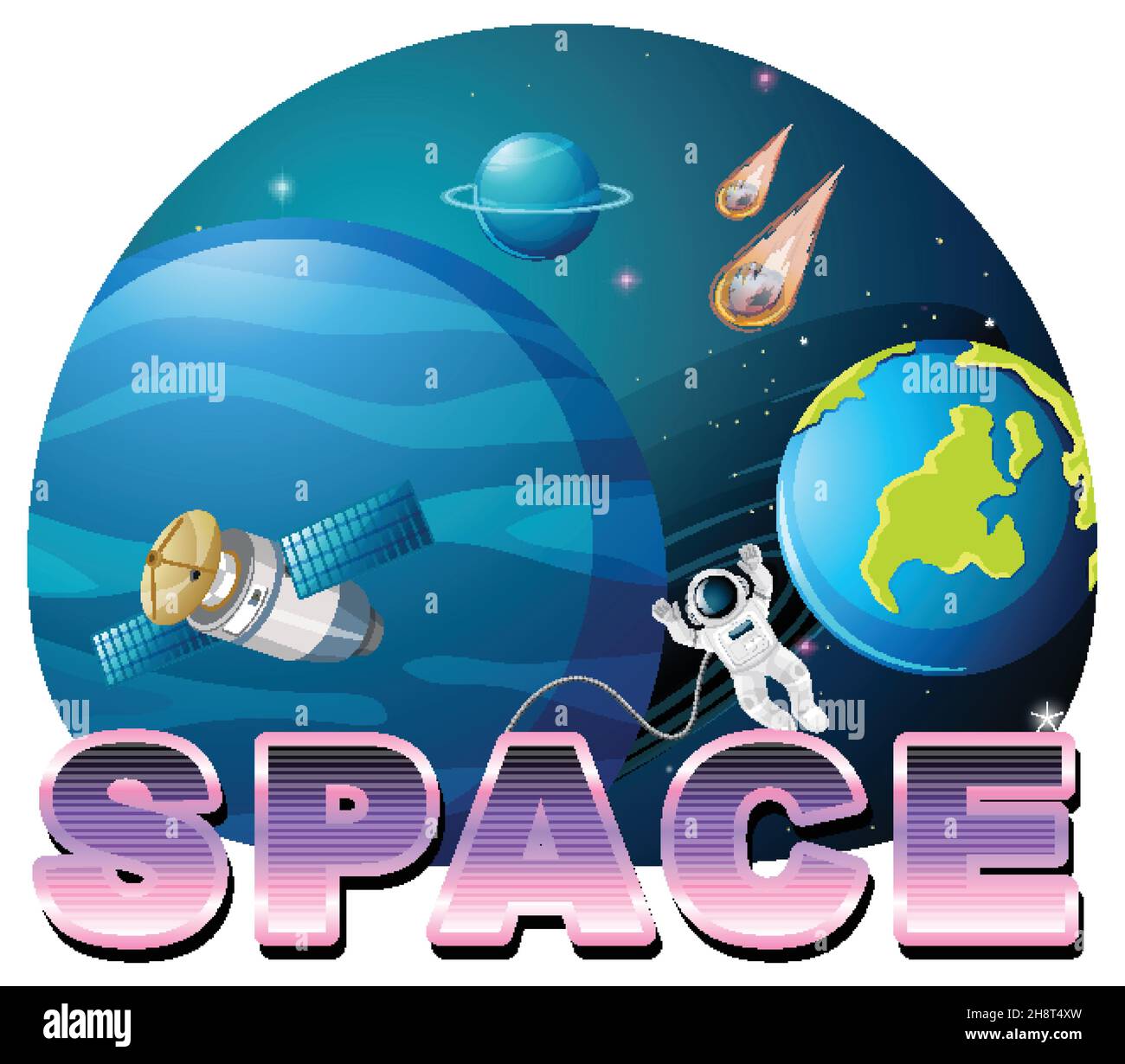 Space word logo design with satellite and astronaut illustration Stock ...