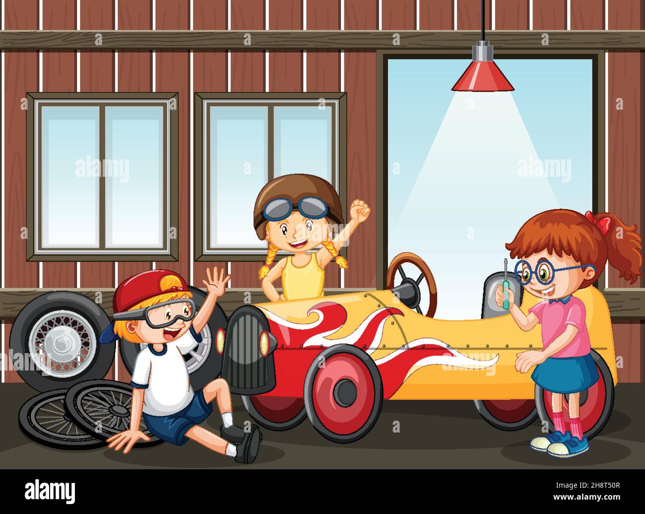 Garage scene with children fixing a car together illustration Stock ...