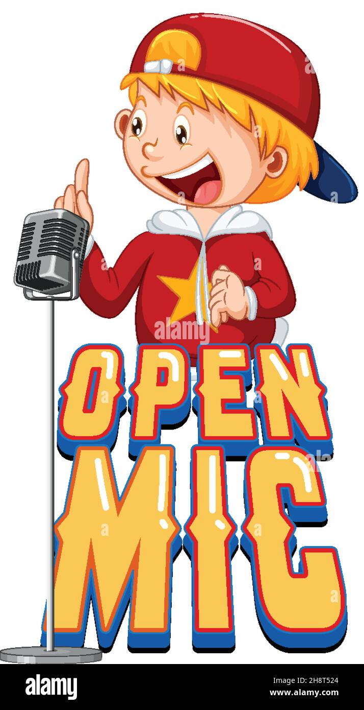 Open mic logo design with singer boy cartoon character illustration ...