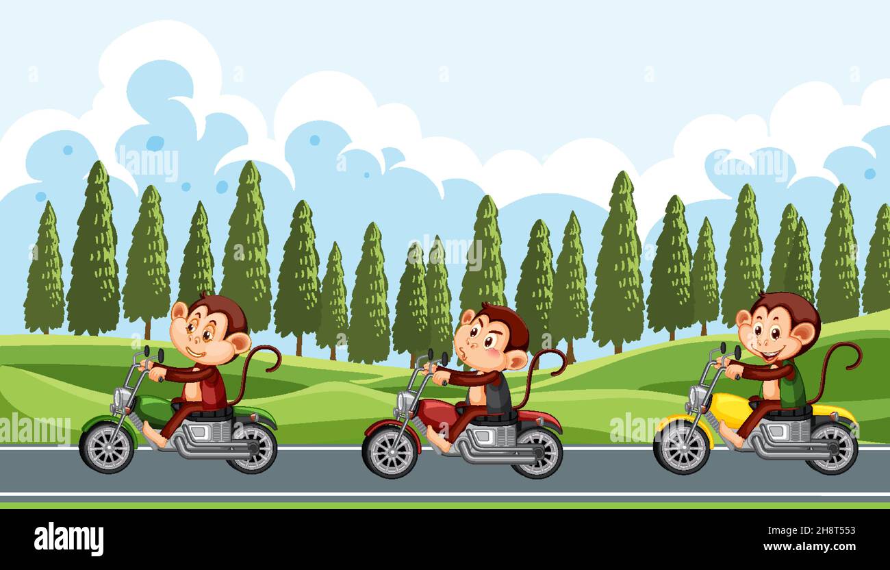 Race track scene with monkeys riding motorcycles illustration Stock ...