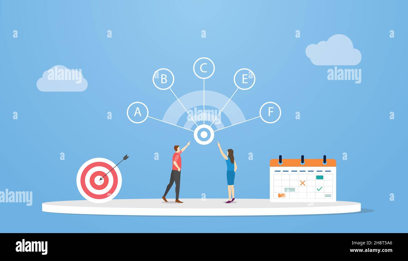 range options concept with man and woman choose options list to make ...