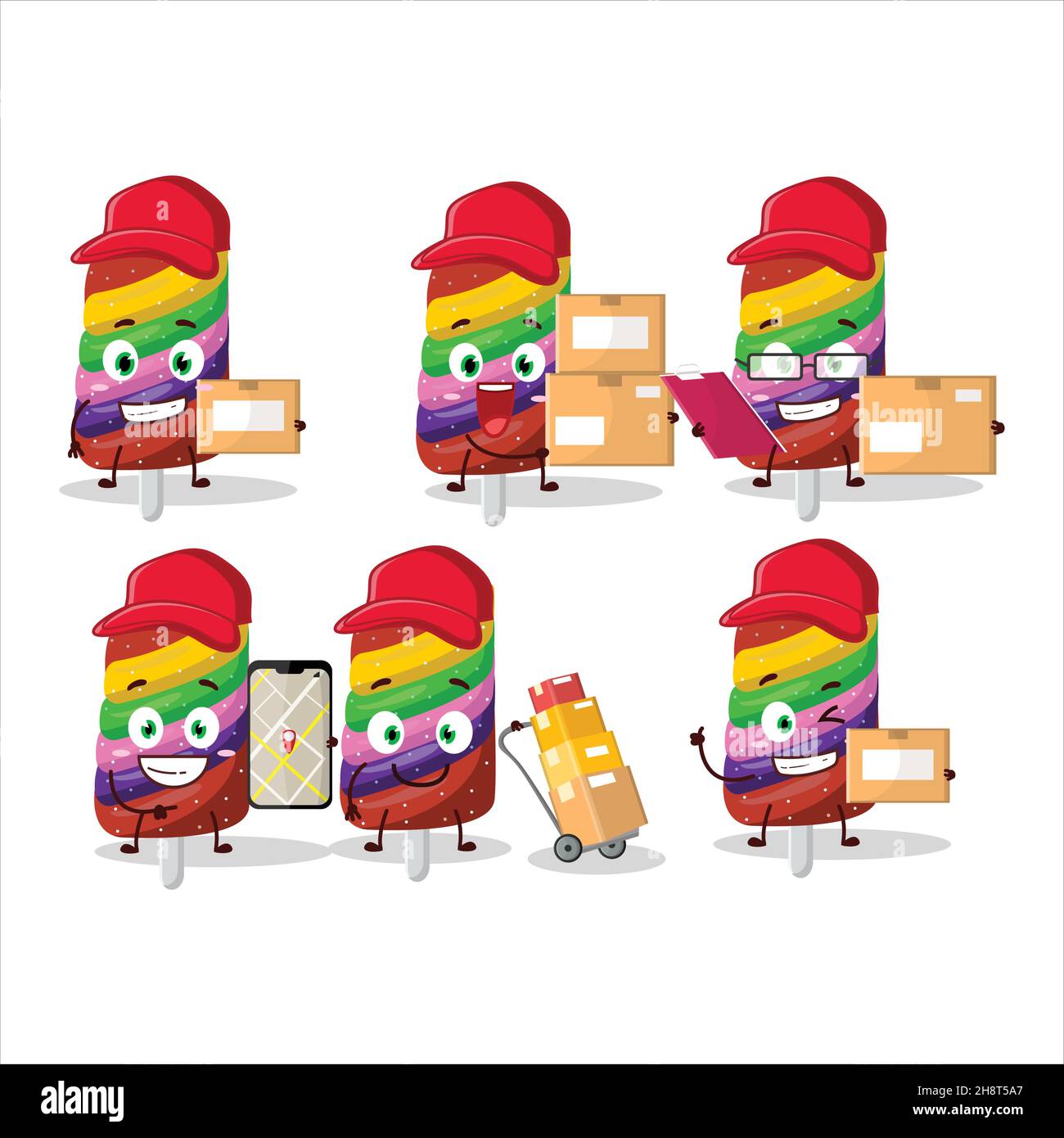 Cartoon character design of gummy candy rainbow working as a courier ...