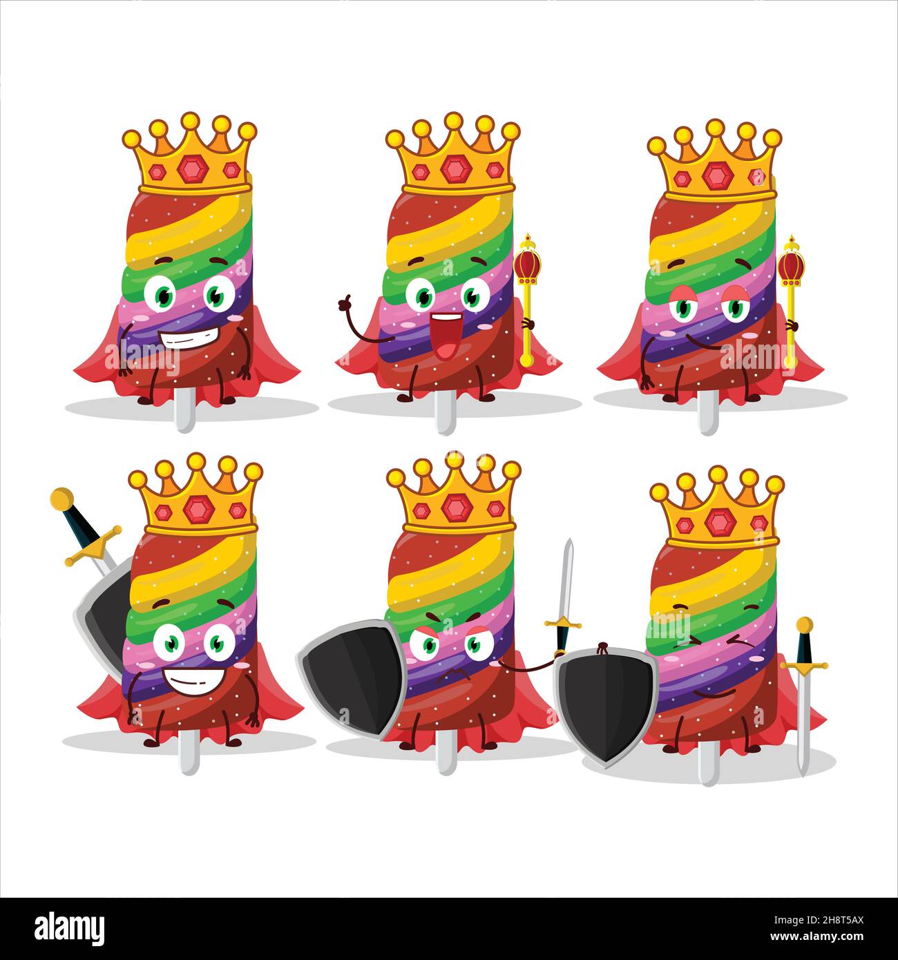 A Charismatic King gummy candy rainbow cartoon character wearing a gold ...