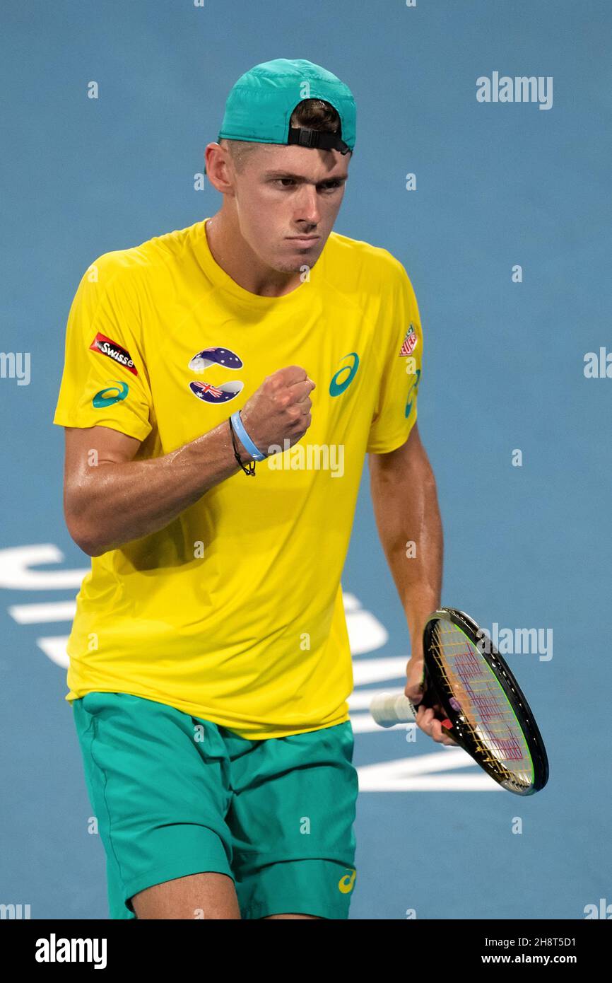 SYDNEY, AUSTRALIA - JANUARY 11: Alex De Minaur of Australia pumps his ...
