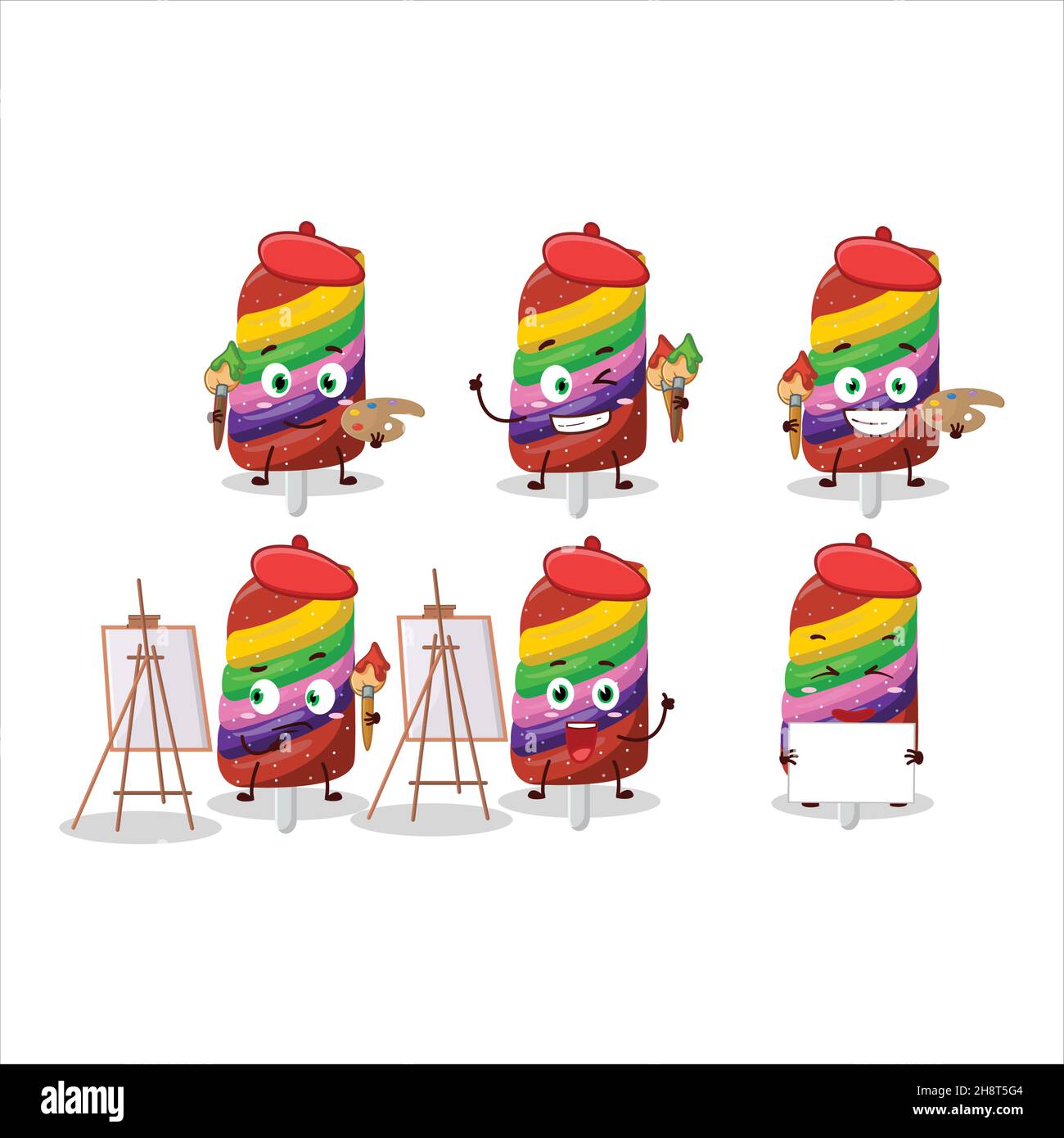 Artistic Artist of gummy candy rainbow cartoon character painting with ...