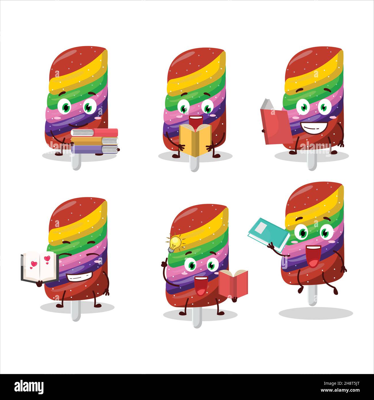 A picture of gummy candy rainbow cartoon character concept reading an ...
