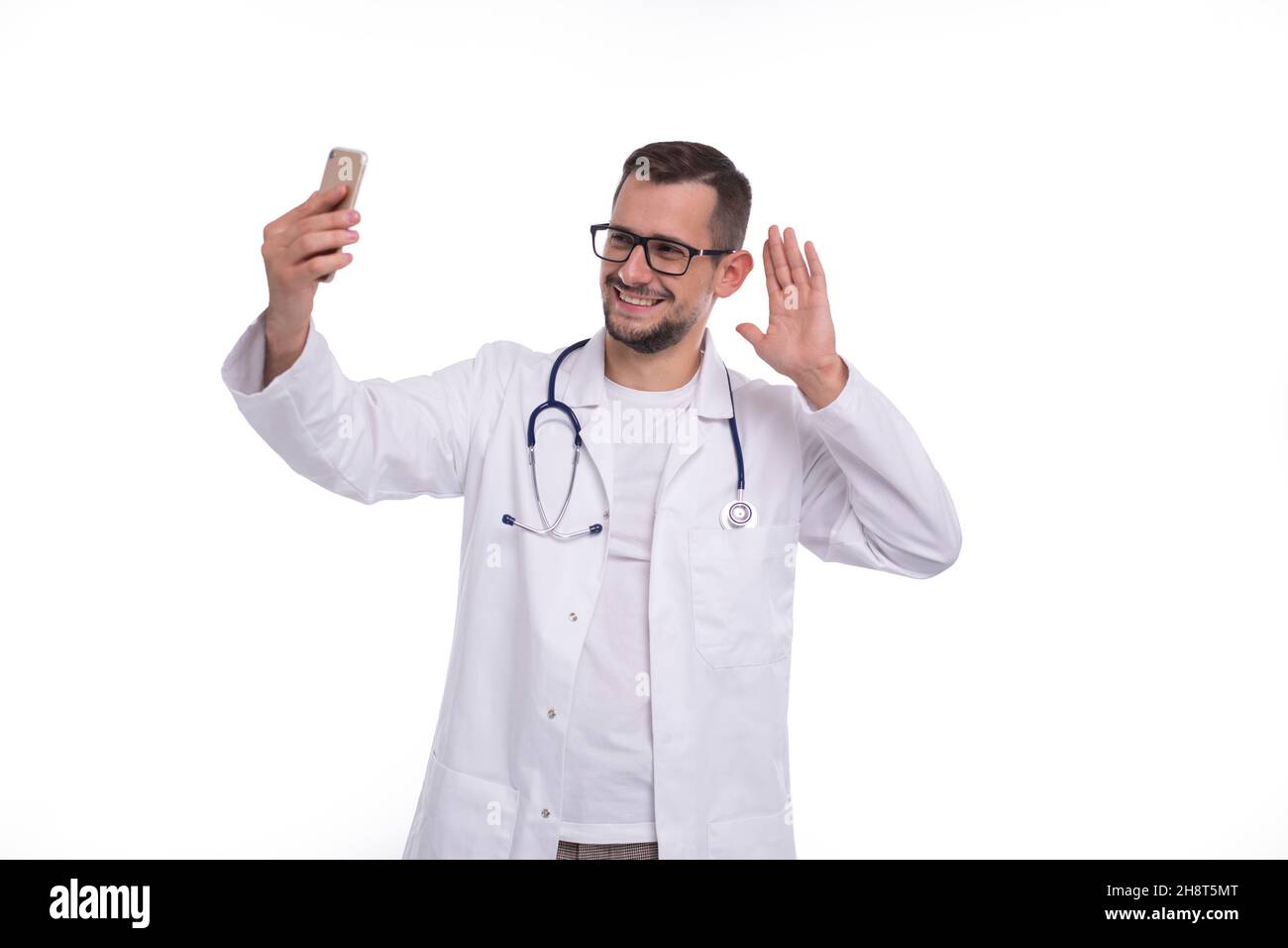 Doctor Having Video Call on Phone Isolated. Man Doctor Video Call ...