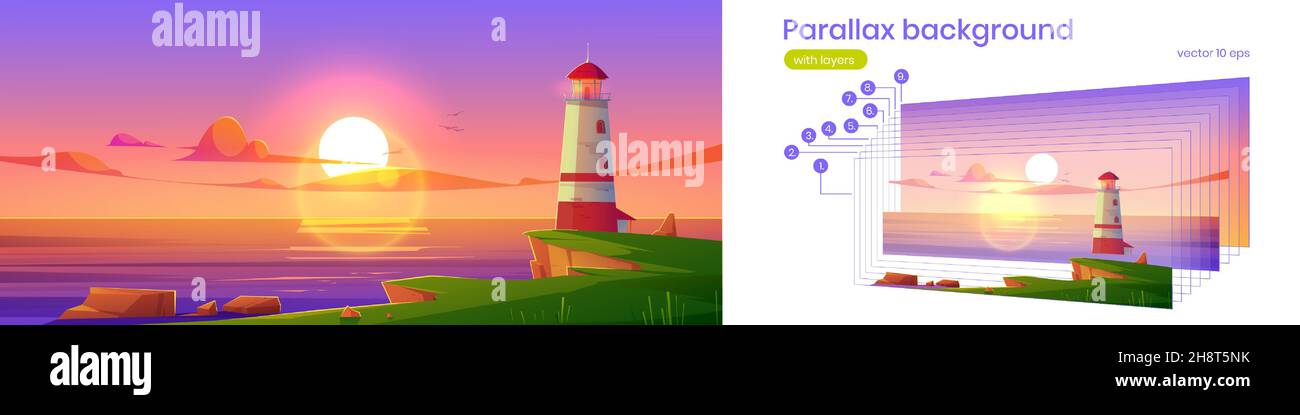 Parallax background lighthouse at beautiful sunset sea landscape ...