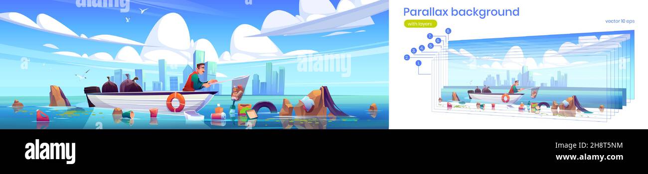 Parallax background ocean polluted water cleanup, man on wooden boat ...