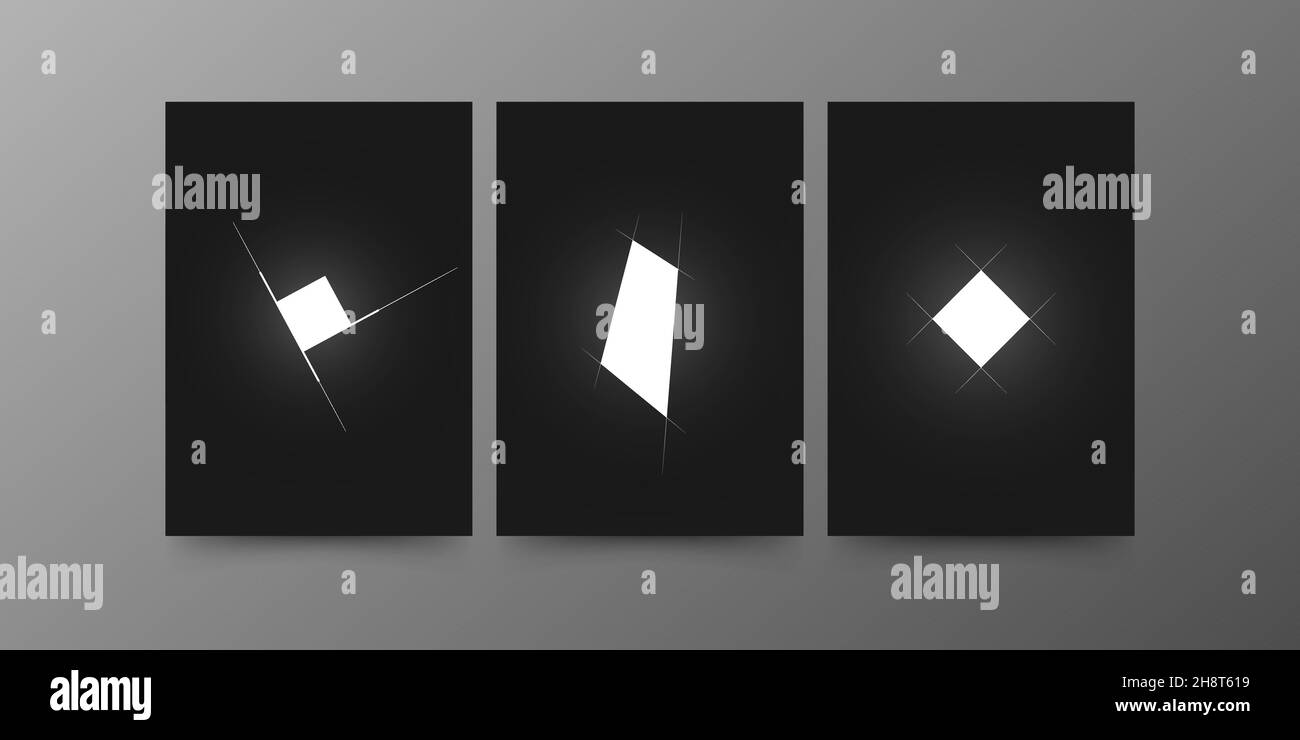 Abstract geometric wall decoration. White glowing square, polygon, and ...