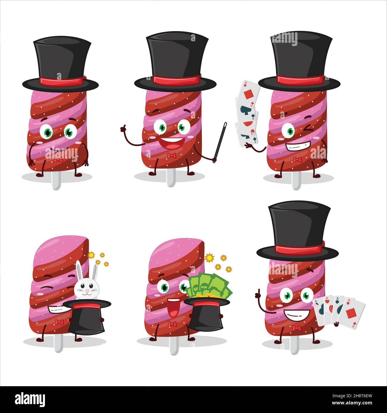 A gummy candy strawberry Magician cartoon character perform on a stage ...