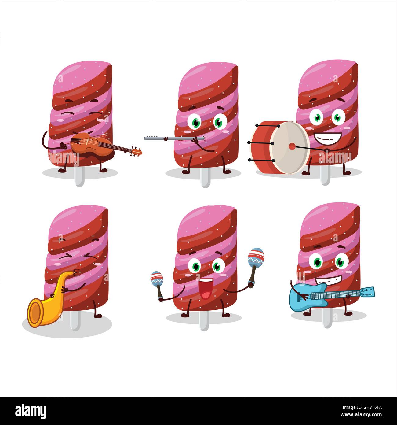 Cartoon character of gummy candy strawberry playing some musical ...