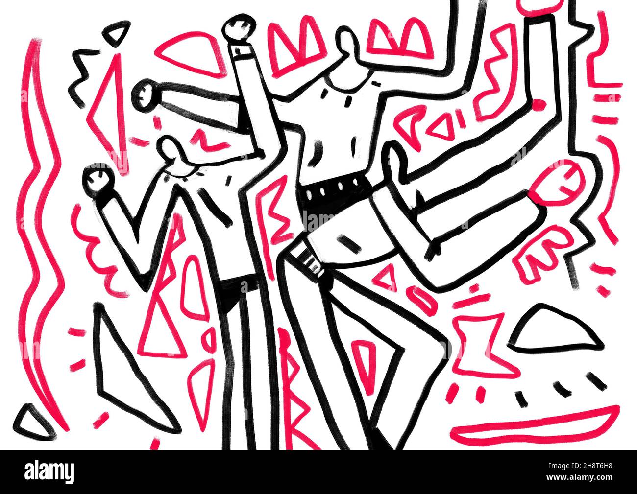 Bizarre minimal people dancing and make fun, modern art with grunge art ...