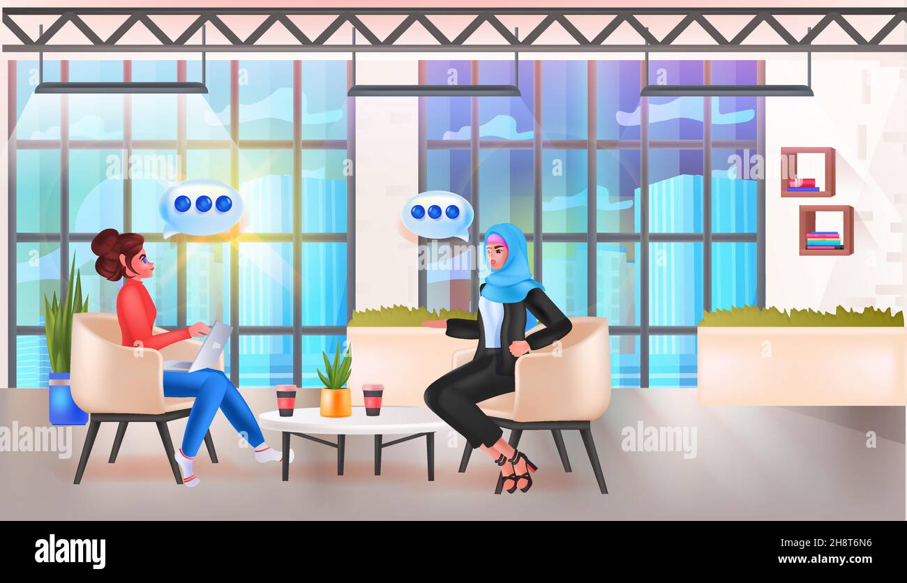 businesspeople discussing during meeting chat bubble communication ...