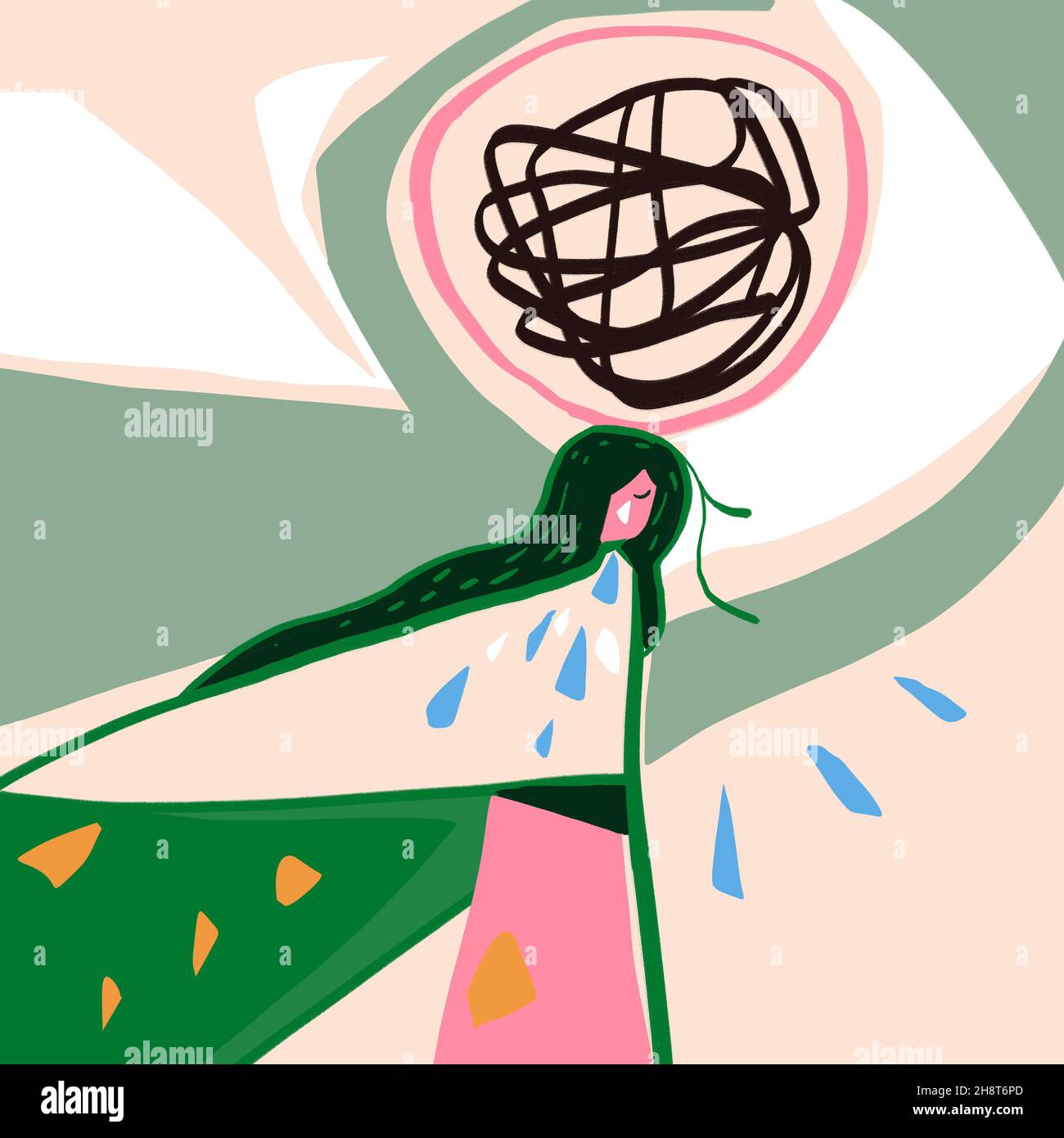 Gloomy sad and anxious girl, bubble and troubles, tears flowing, art ...