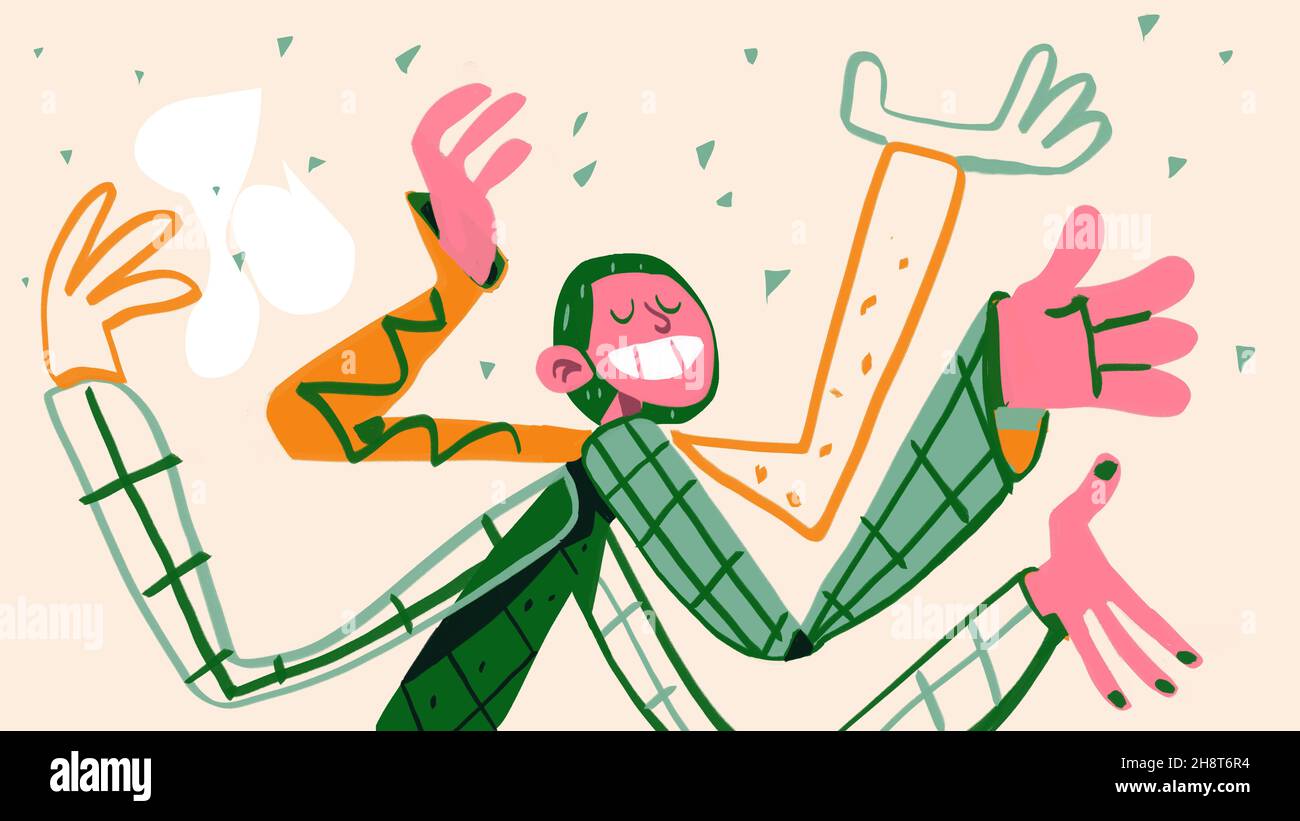 Cheerful girl or boy manage and controls everything with multiple arms ...