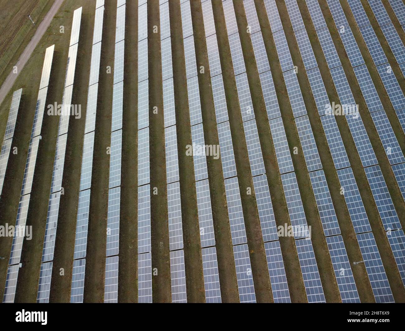 Aerial top view of a solar panels power plant. Photovoltaic solar ...