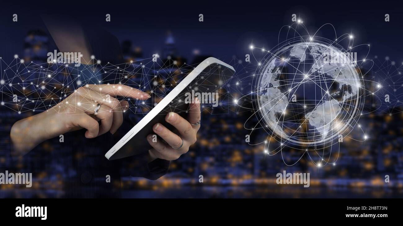 Global connection concept. Hand touch white tablet with digital ...
