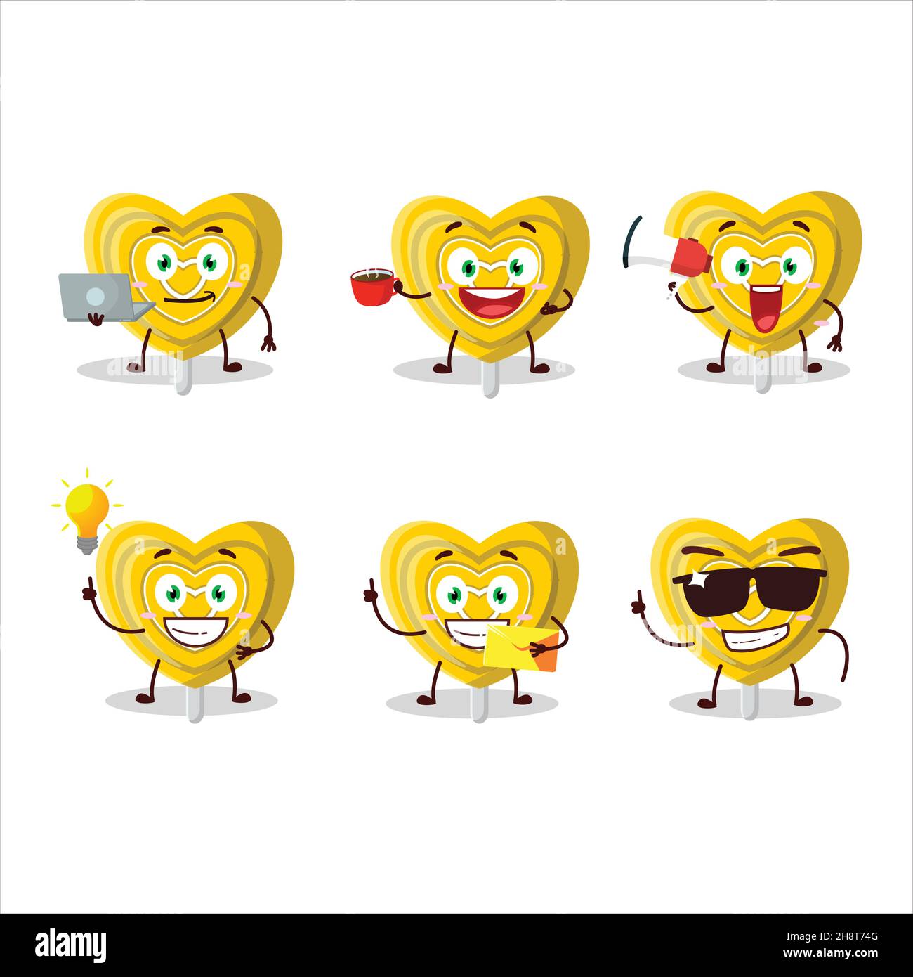 Yellow love candy cartoon character with various types of business ...