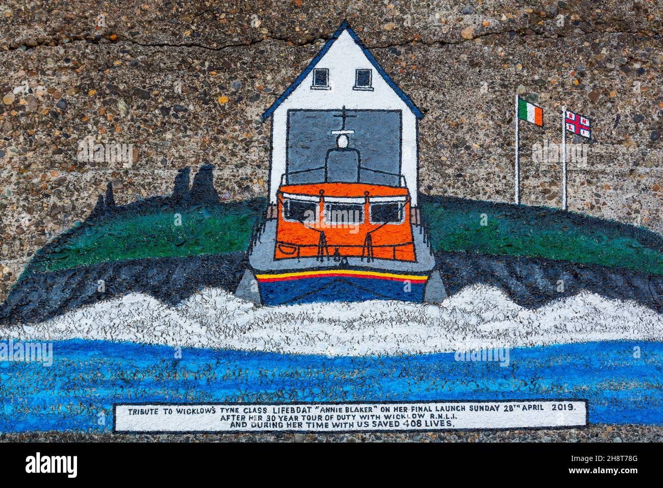 Lifeboat Painted on pier, Wicklow Harbour, County Wicklow, Ireland ...