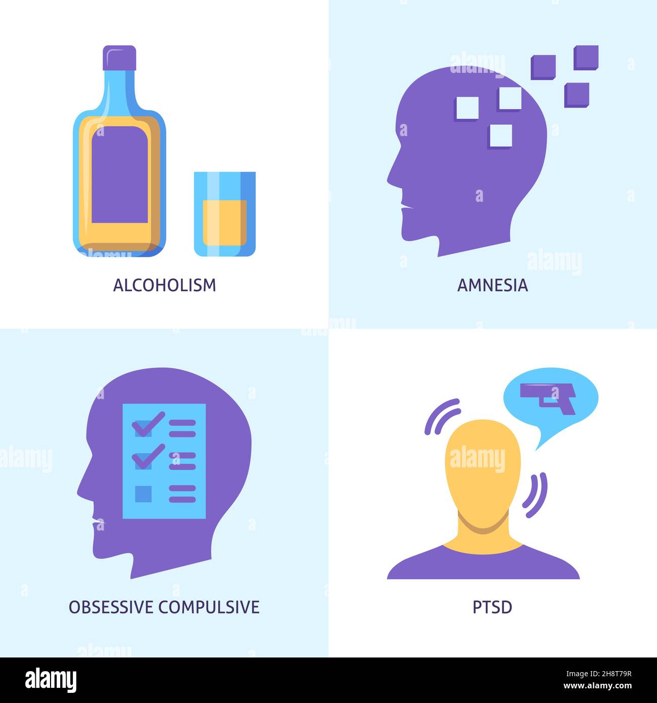 Mental disorders icon set in flat style. Obsessive compulsive, PTSD ...