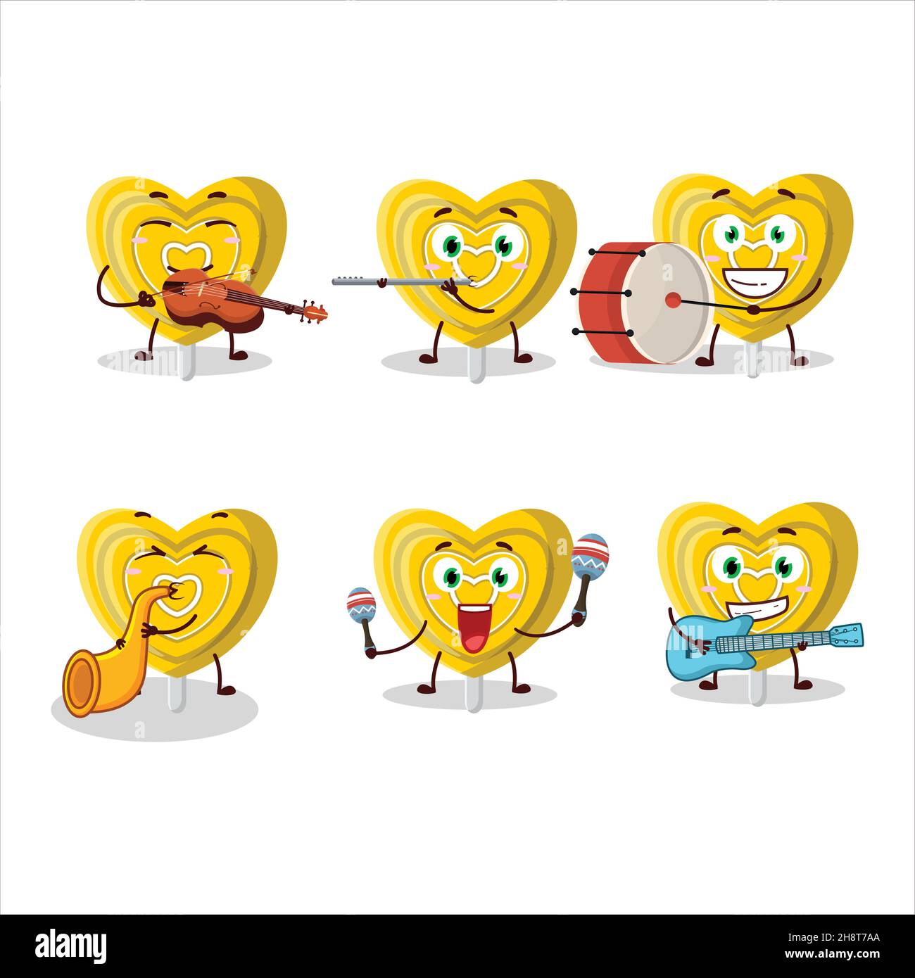Cartoon character of yellow love candy playing some musical instruments ...