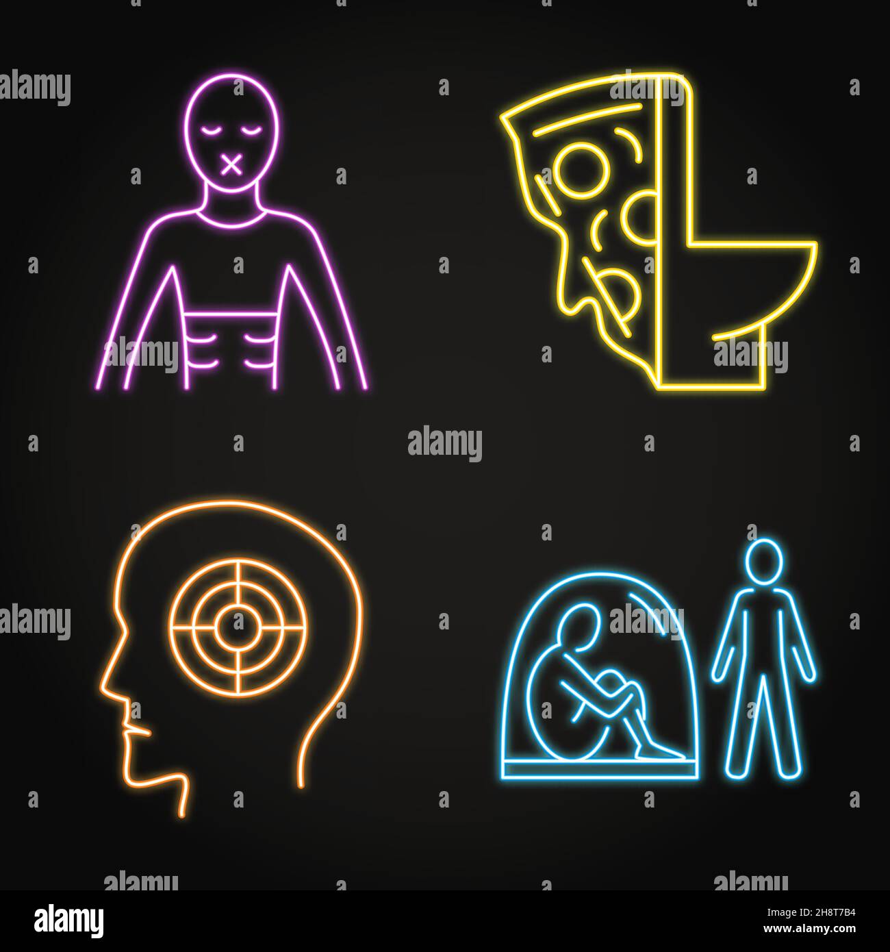Neon mental disorders icon set in line style. Social phobia, anorexia ...