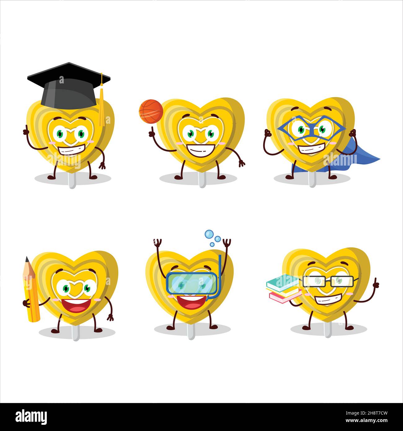 School student of yellow love candy cartoon character with various ...
