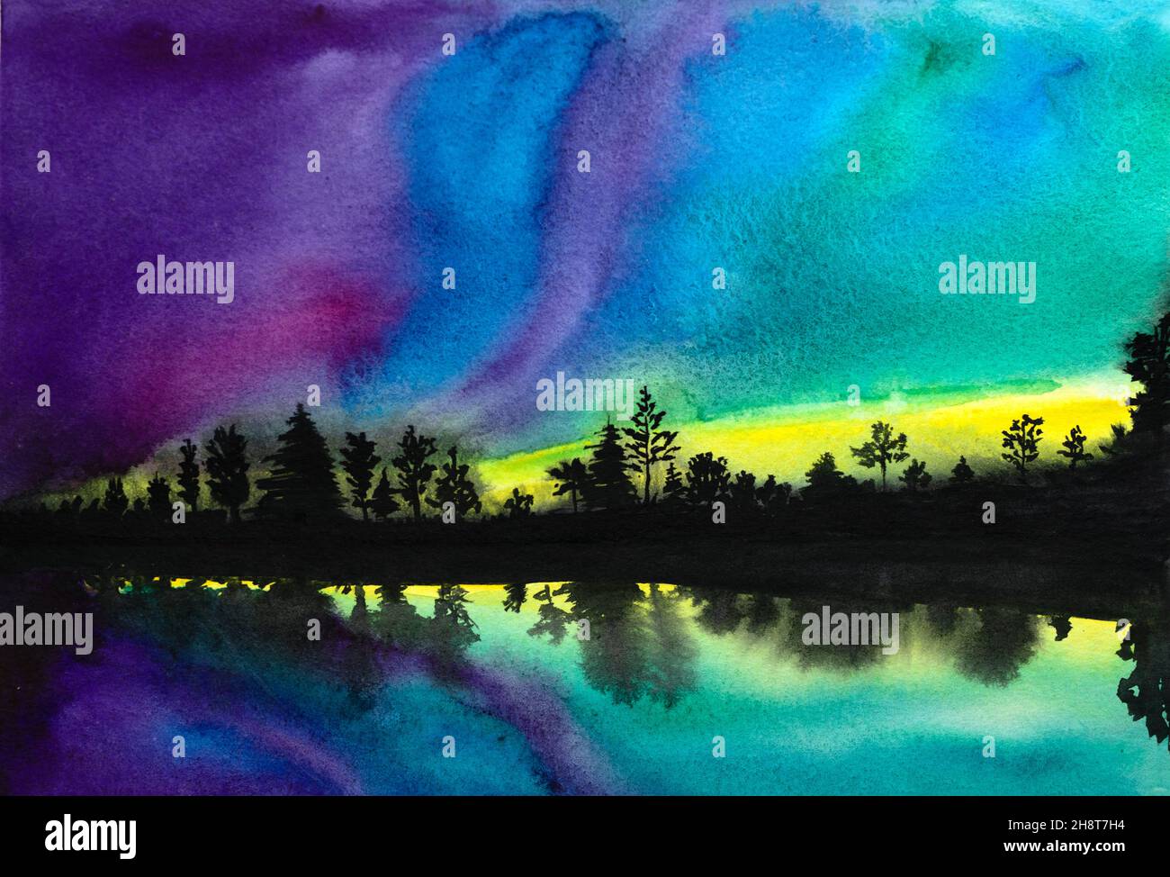 Watercolor drawing of forest by lake during Northern Lights. Landscape ...