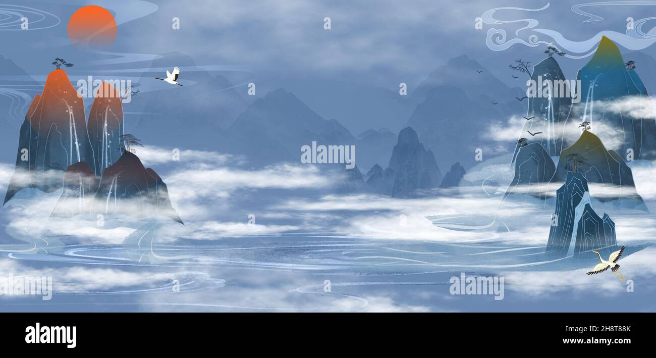 Atmospheric mountains and rivers chinese wind background Stock Photo ...