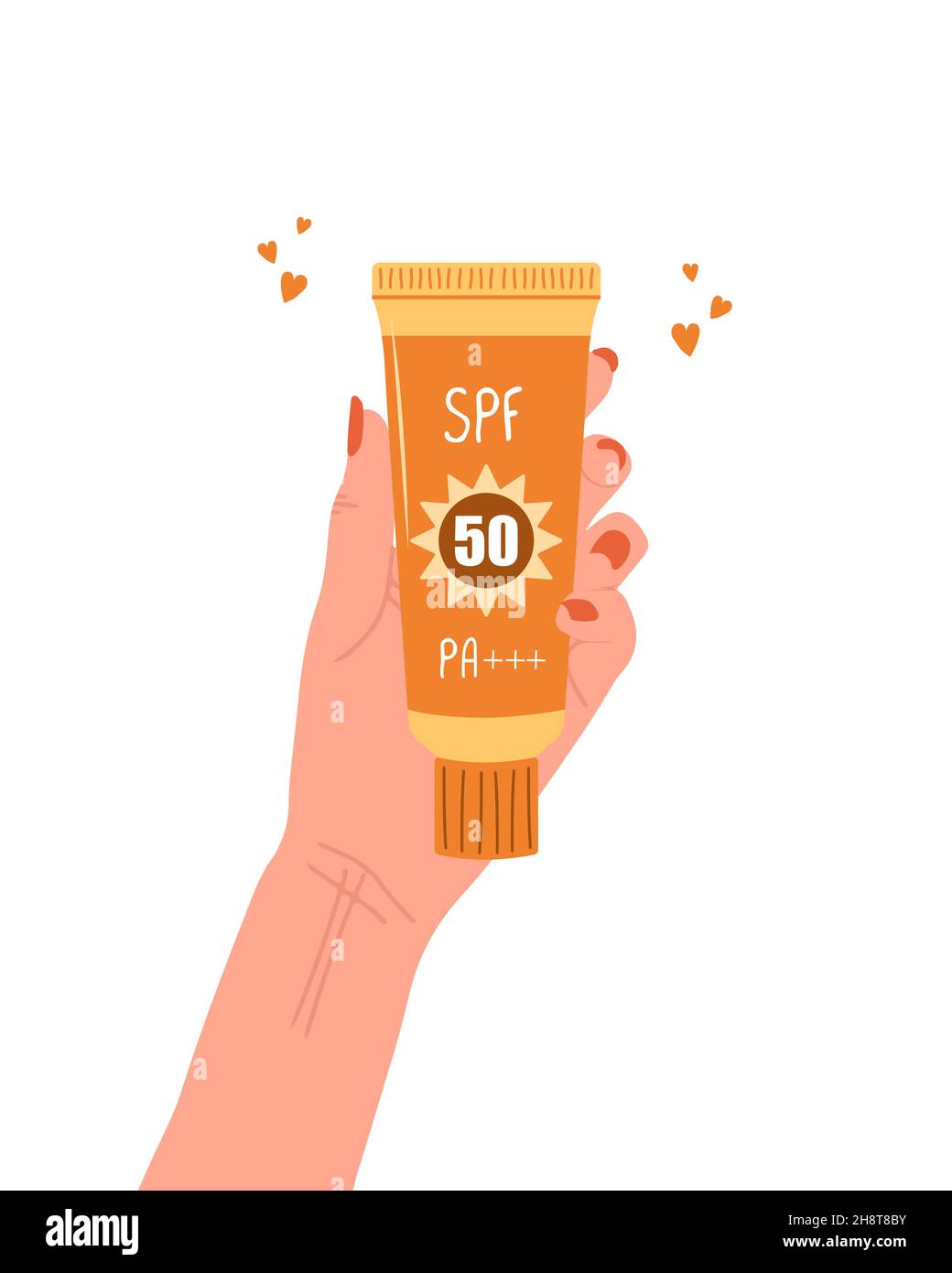 Skin care concept. Female hand holds tube of sunscreen. Facial cream ...