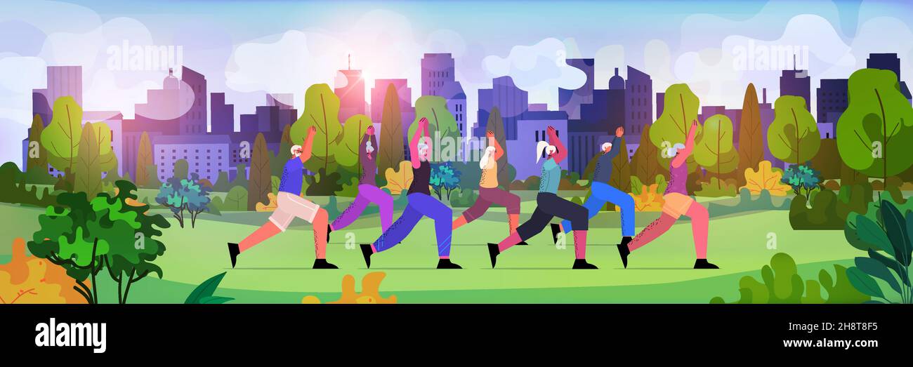 senior people group doing physical exercises in urban park aged men ...