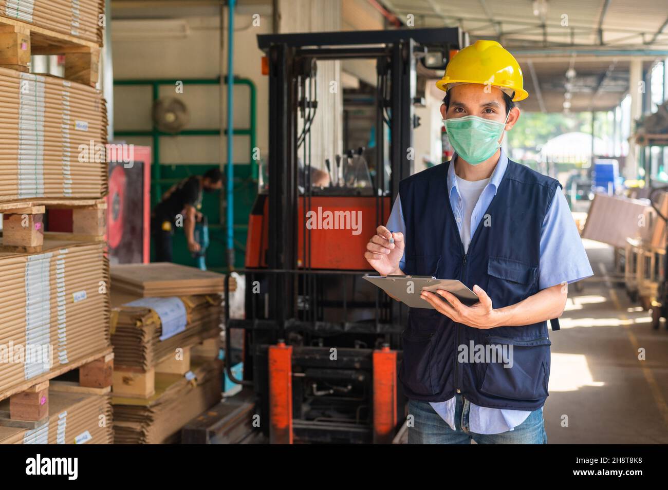 Worker checking raw material in store for factory industrial, Safety ...
