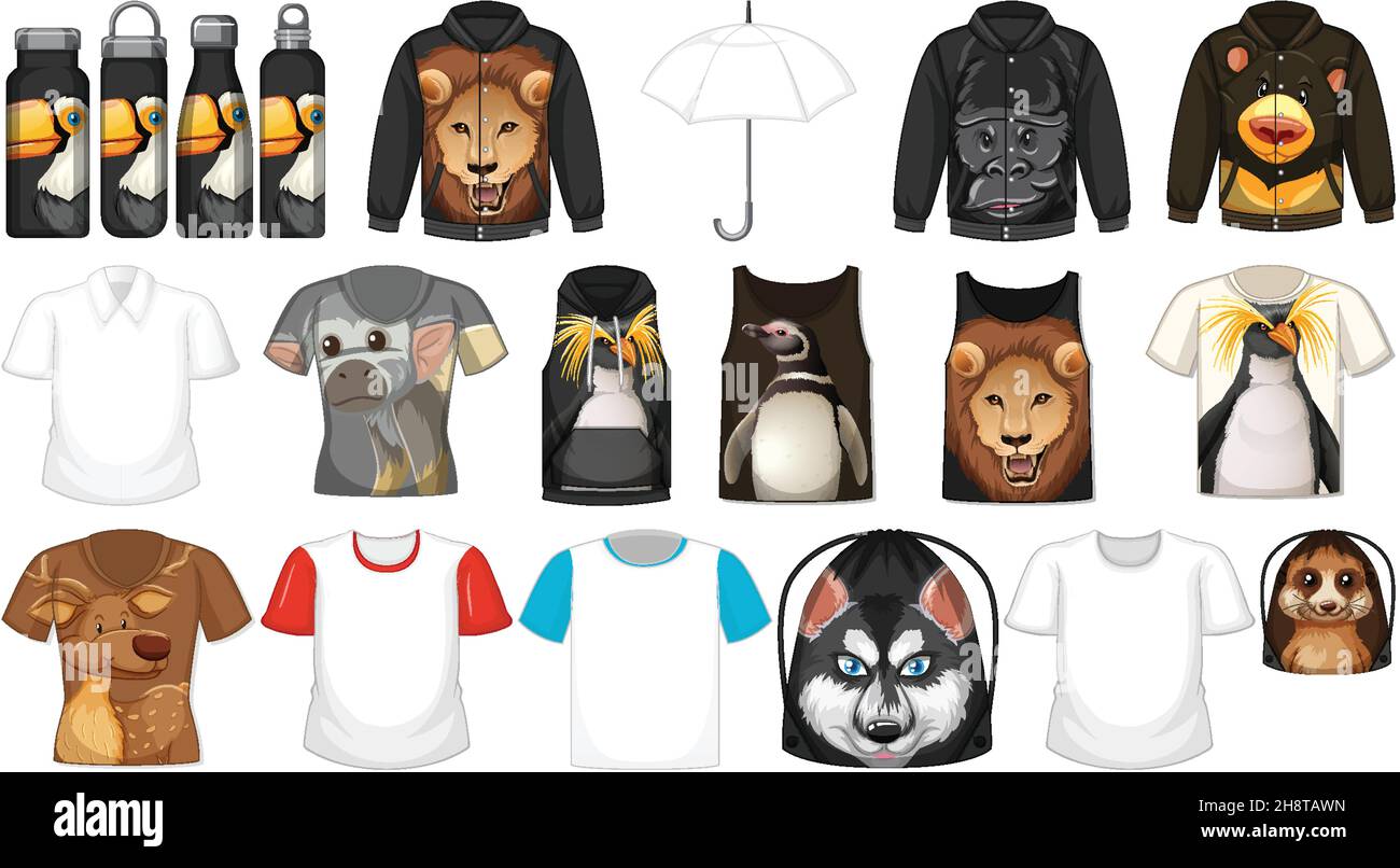 Set of different shirts and accessories with animal patterns ...