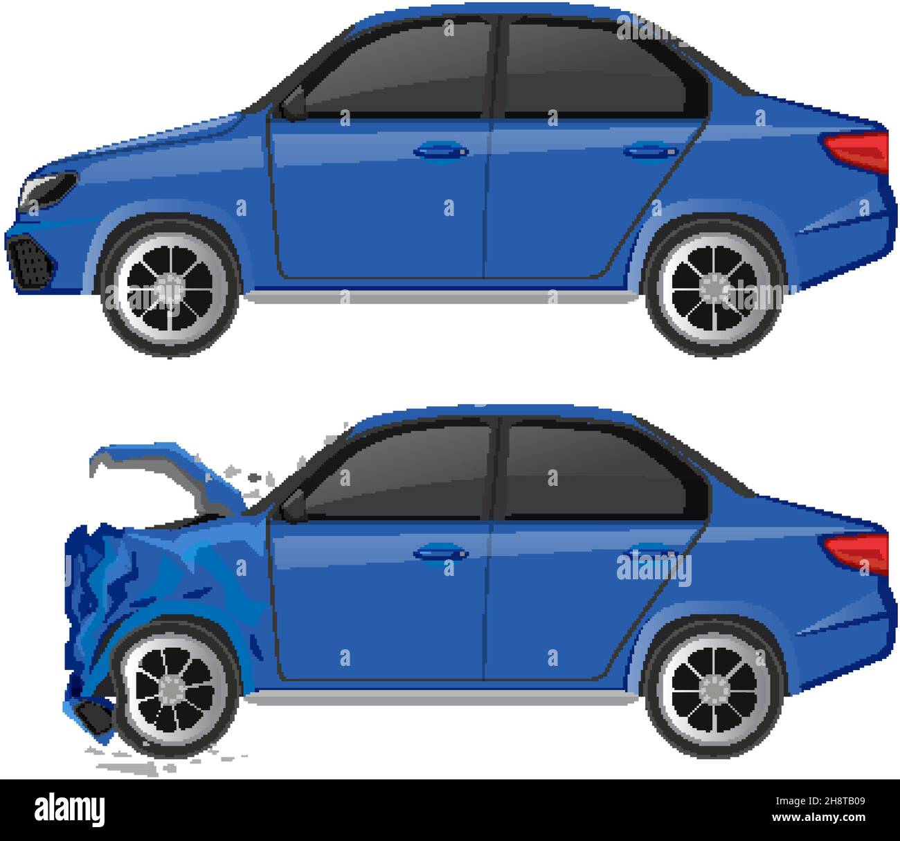 Blue sedan car and wrecked car on white background illustration Stock ...