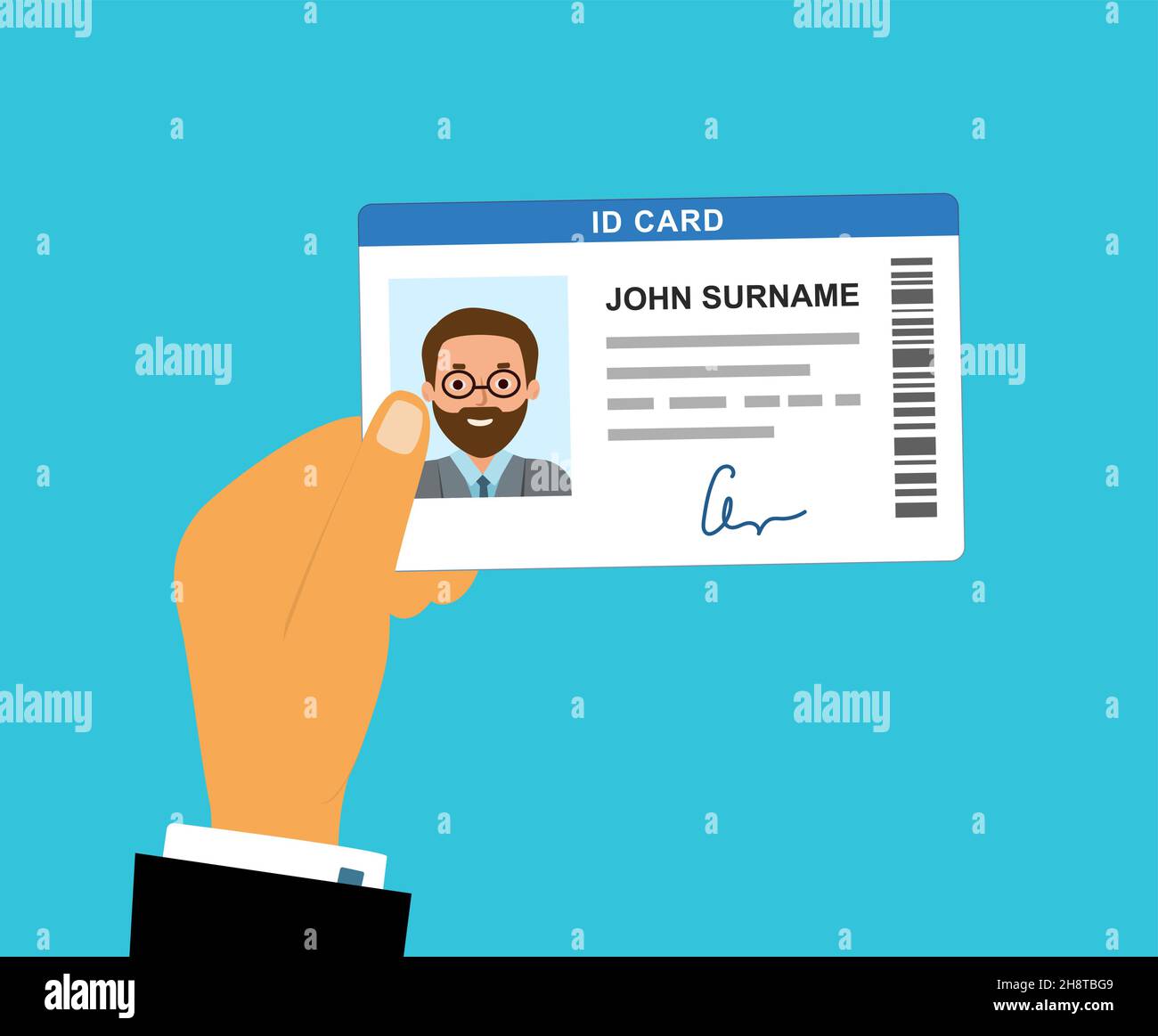 The hand holds the document identification card on blue background ...