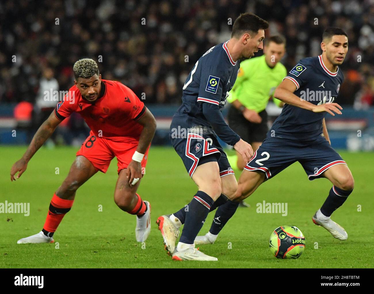 Lionel Messi and Achraf Hakimi of PSG during the French Ligue 1 Paris ...