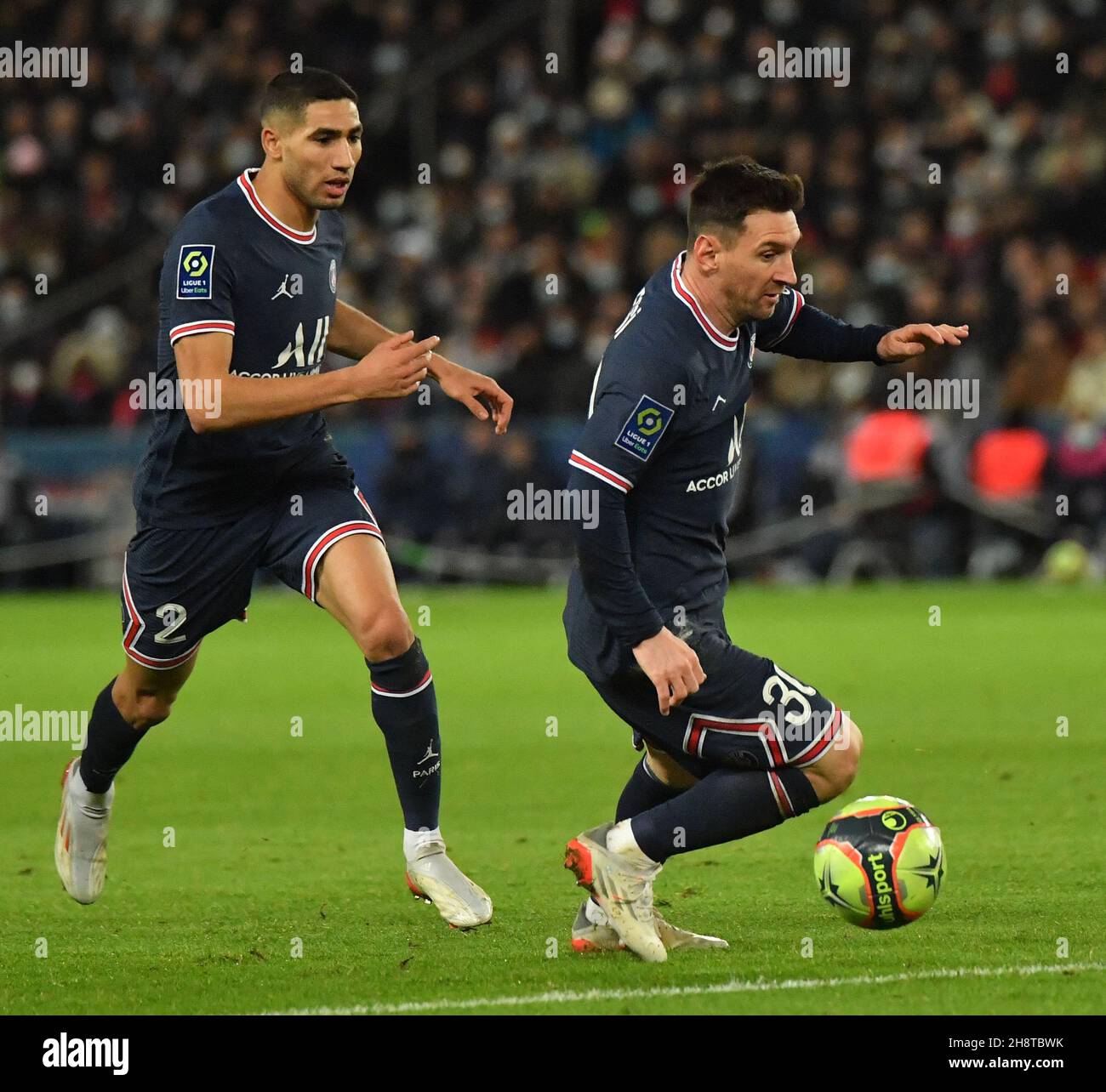 Achraf Hakimi and Lionel Messi of PSG during the French Ligue 1 Paris ...