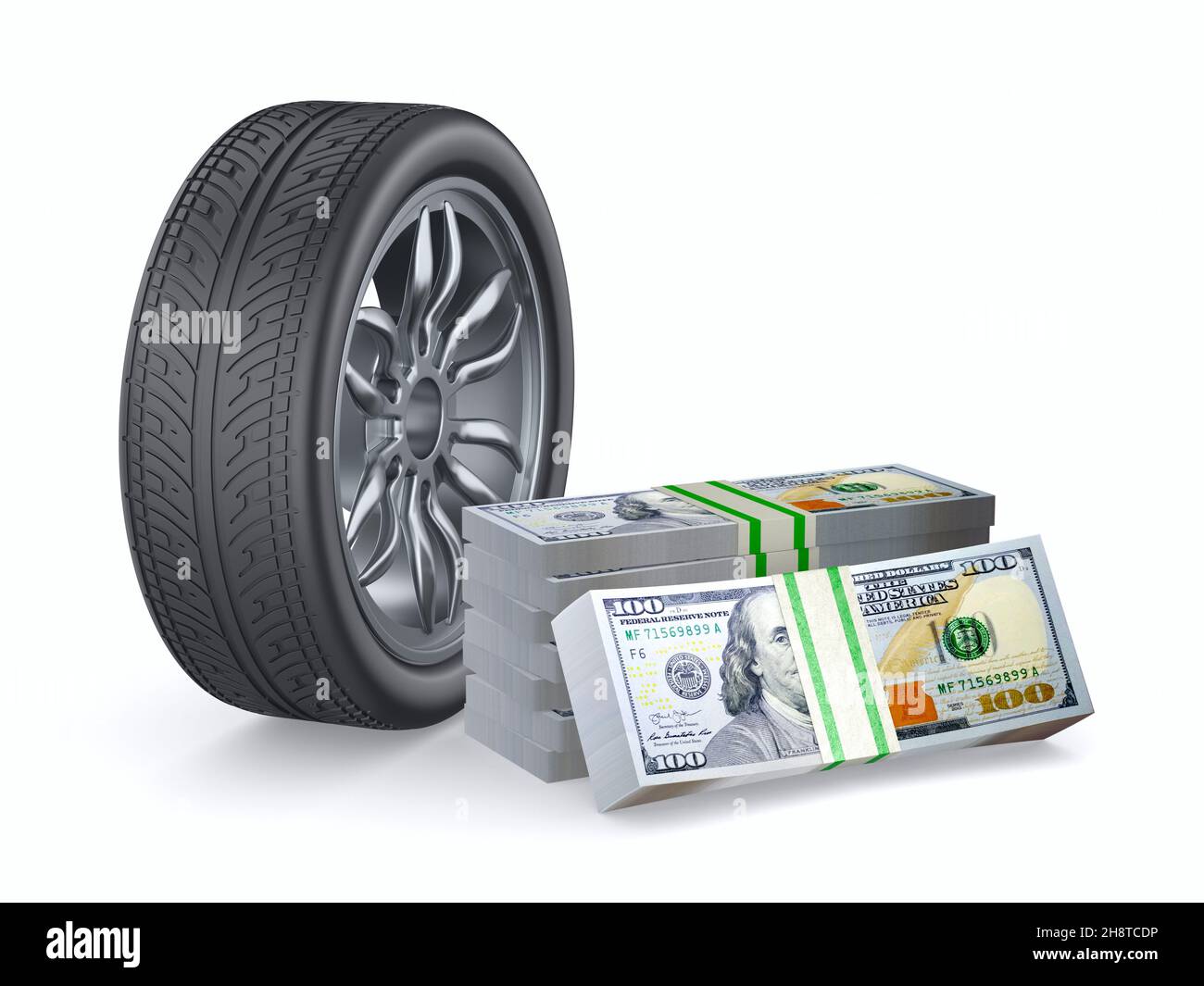 tire and money on white background. Isolated 3D illustration Stock ...