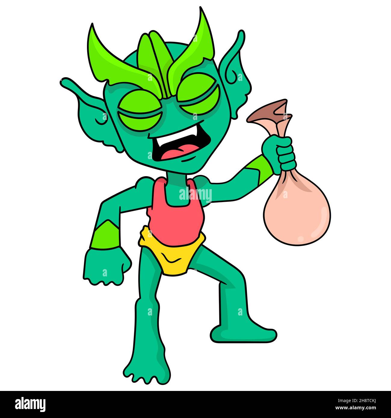 green fish monster holding pouch, vector illustration art. doodle icon ...
