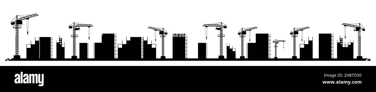 Construction of a new microdistrict of the city. Silhouette. Cranes and ...