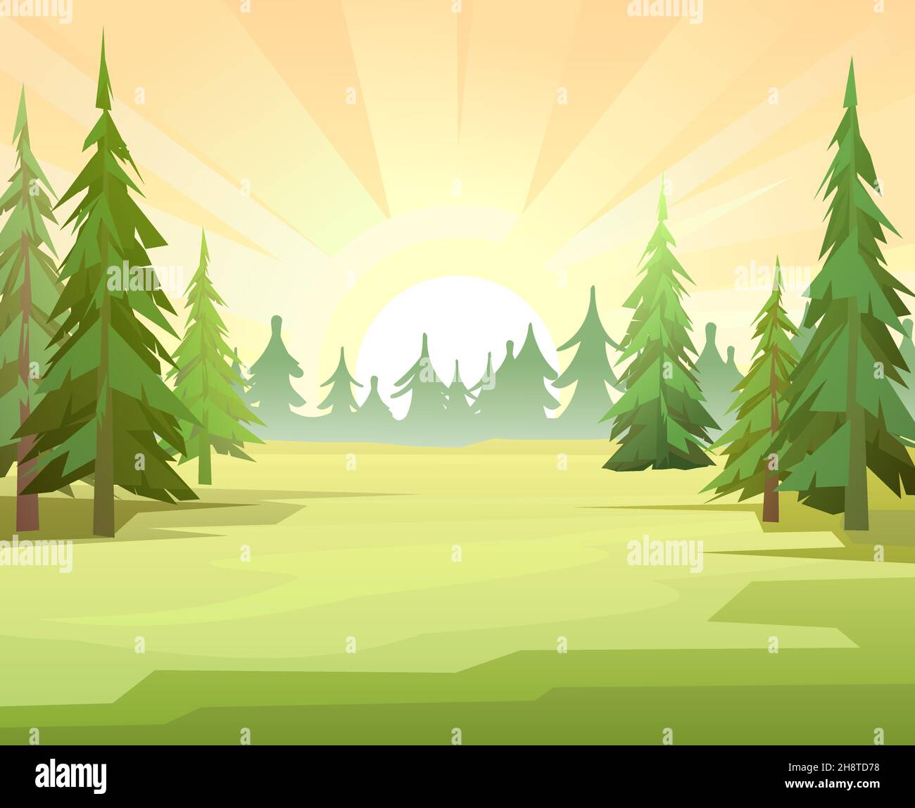 Pine forest in distance. Sun with rays. Morning or evening landscape in ...